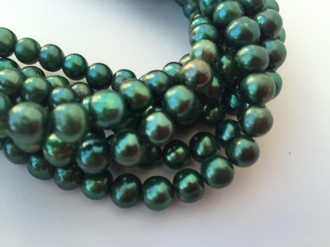 AA+ Quality Forest Green 7-8mm Round Pearl Freshwater Pearl, Dark Green ...