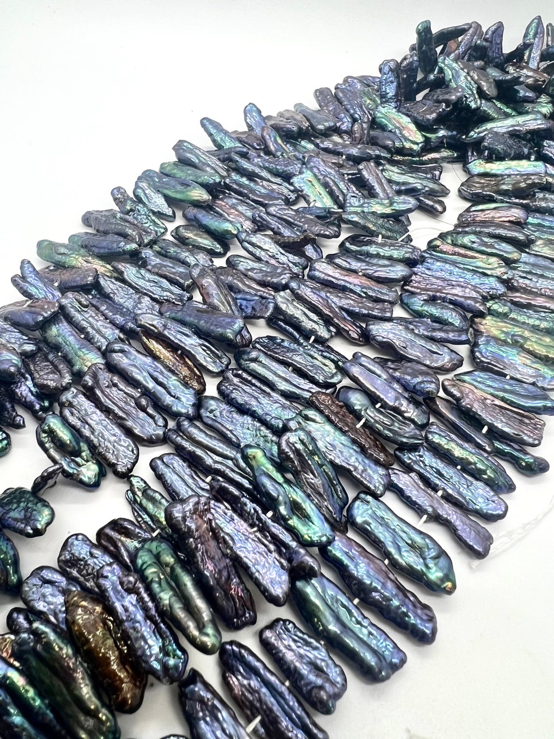 Rare AAA 7-8mmx20mm Stunning Biwa Pearls Peacock Blue Color Side Drill ...