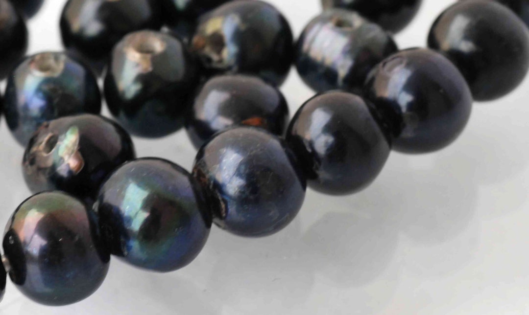 8-9mm Large Hole Pearl Round Freshwater Pearl Peacock Black Dark Navy ...