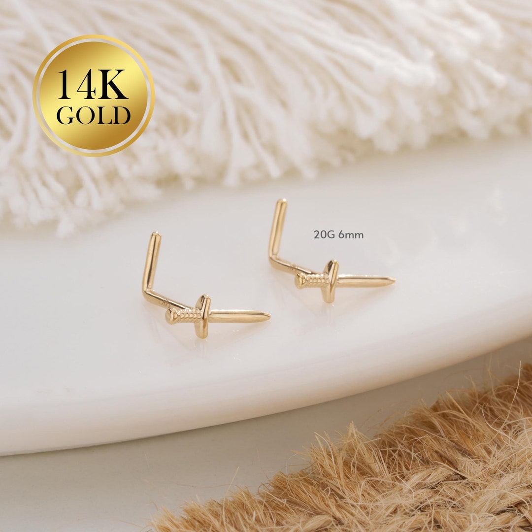14K Sword Nose Ring/20g Tiny Heart Nose Stud/l-shaped Nose Piercing ...
