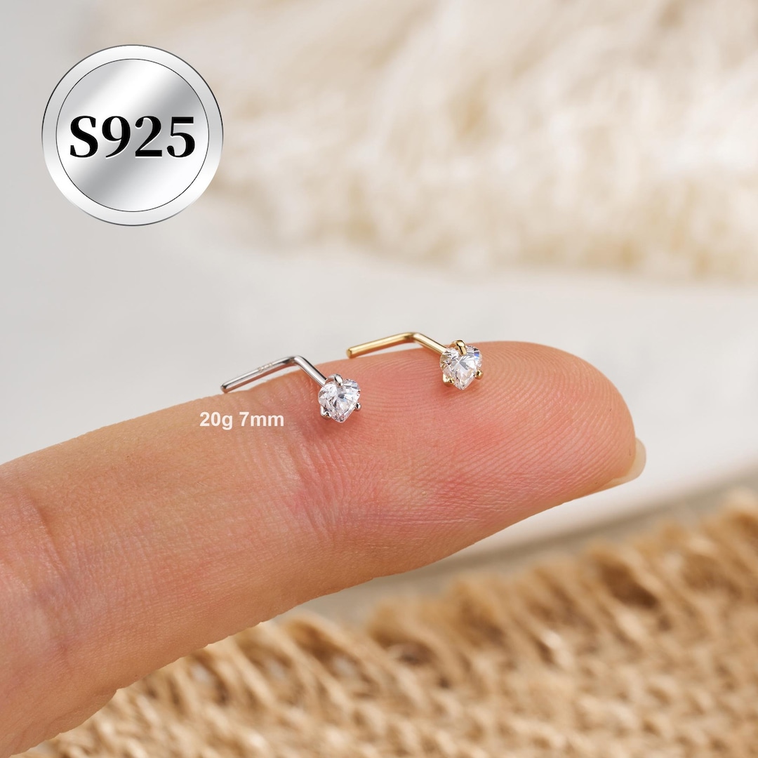 925 Sterling Silver Tiny Heart Nose Stud/diamond Nose Piercing/l-shaped ...