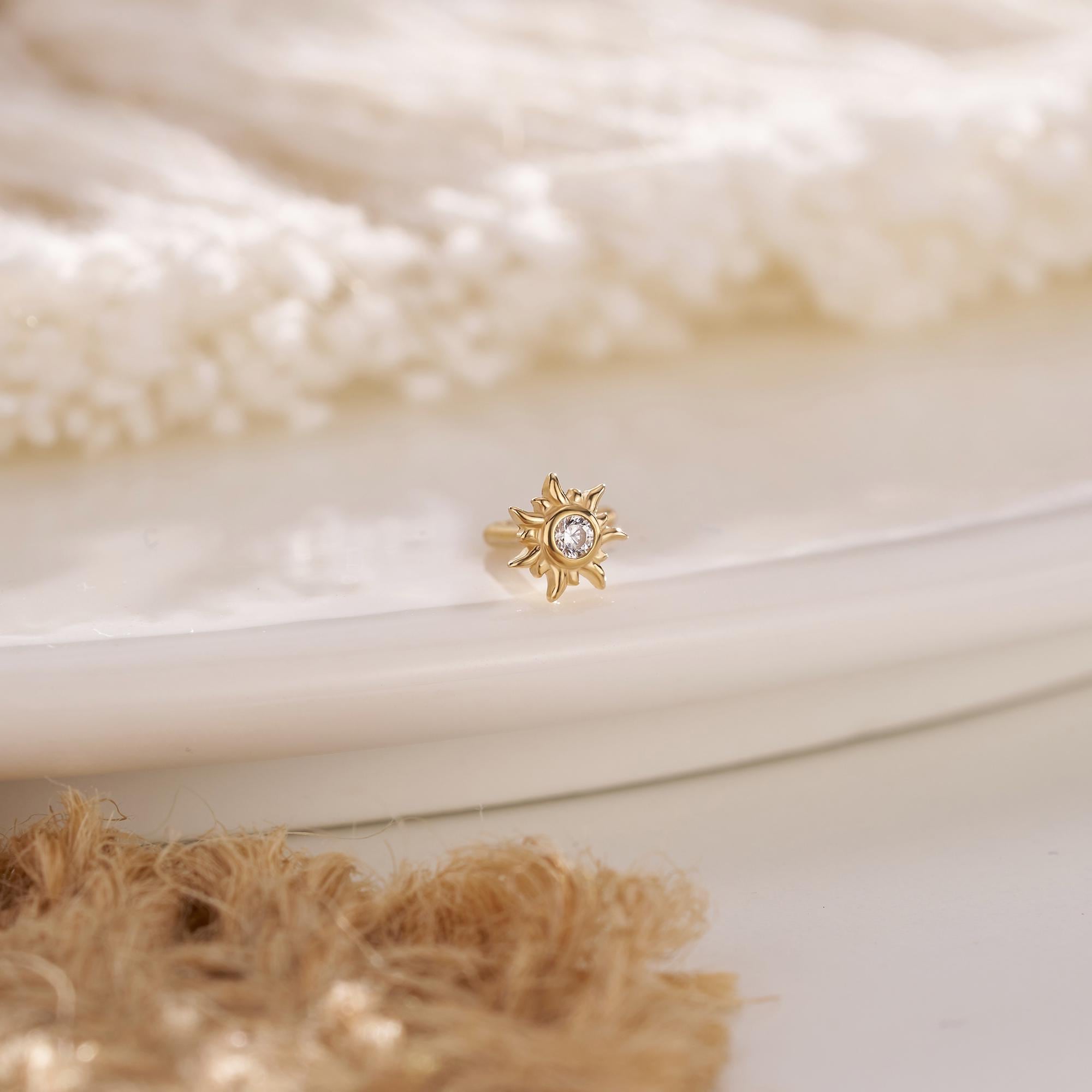14K Gold Sun Nose Ring/20g Tiny Nose Stud/l-shaped Nose Piercing ...