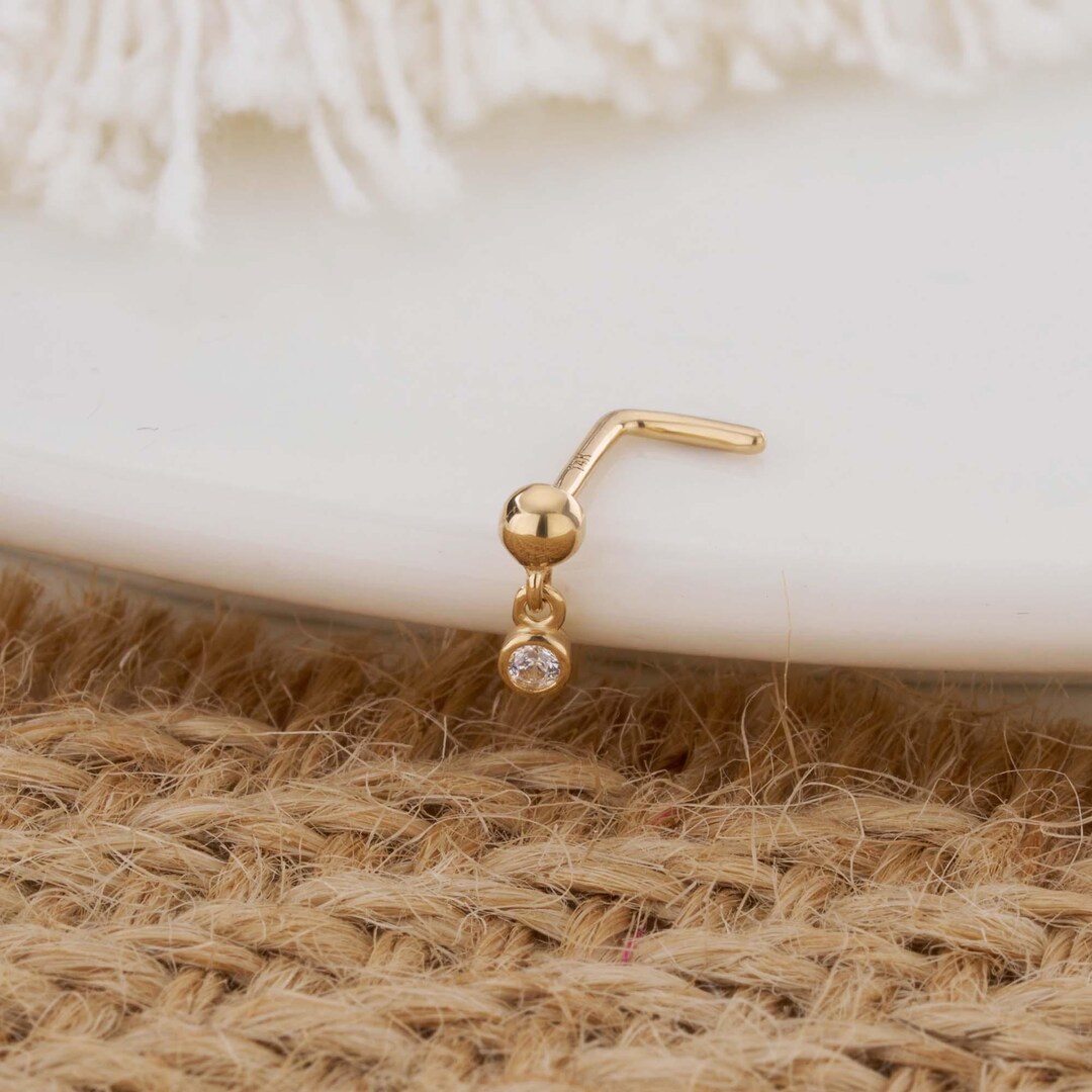 14K Solid Gold Dangle Nose Ring/20g Tiny Ball Nose Stud/l-shaped Nose ...