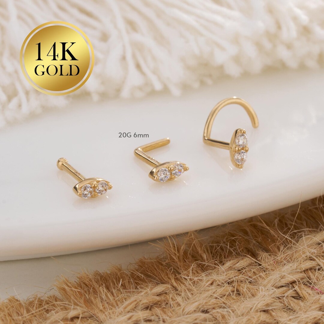 14K Gem Nose Ring/20g Tiny Heart Nose Stud/l-shaped Nose Piercing/s ...