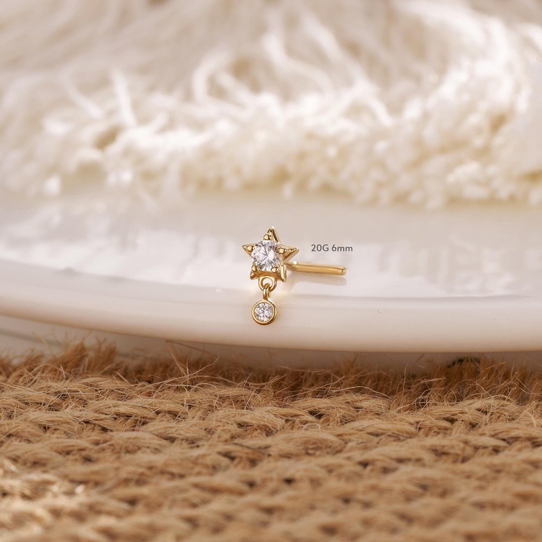 14K Gold Star Gem Dangle Nose Ring/20g Tiny Dangle Nose Stud/l-shaped ...