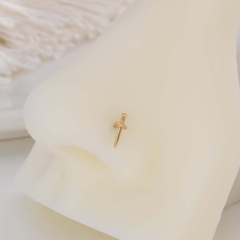 14K Sword Nose Ring/20g Tiny Heart Nose Stud/l-shaped Nose Piercing ...