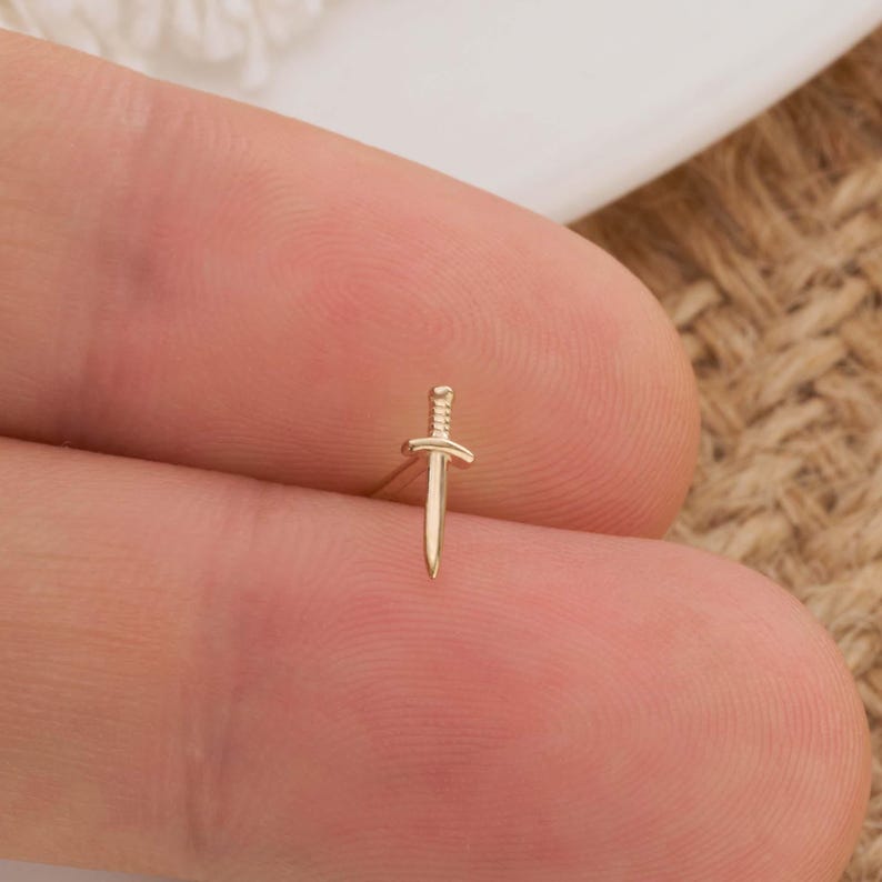 14K Sword Nose Ring/20g Tiny Heart Nose Stud/l-shaped Nose Piercing ...