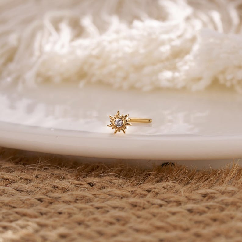 14K Gold Sun Nose Ring/20g Tiny Nose Stud/l-shaped Nose Piercing ...