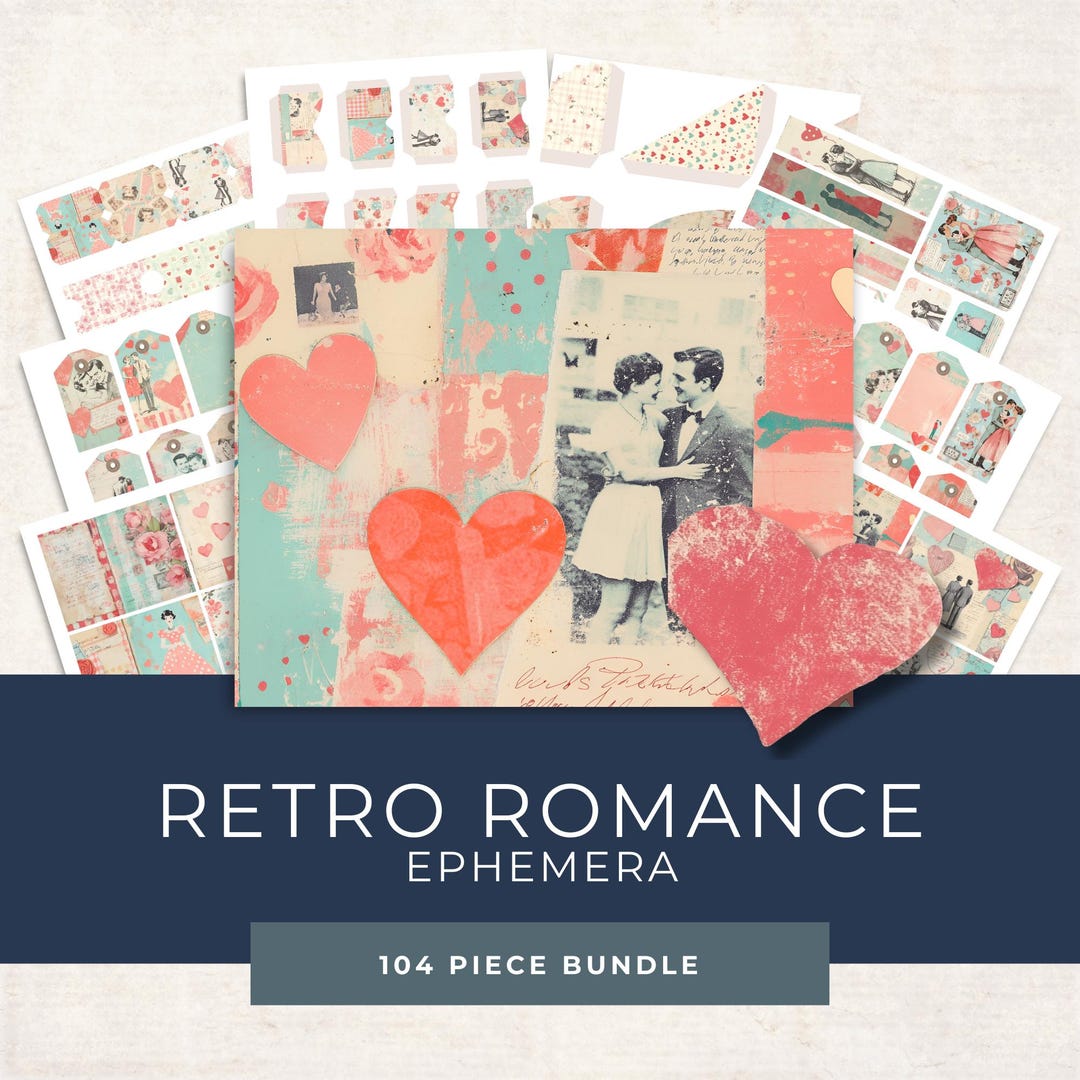 Retro 50s Valentine Digital Ephemera - Junk Journal Kit - Digital ...