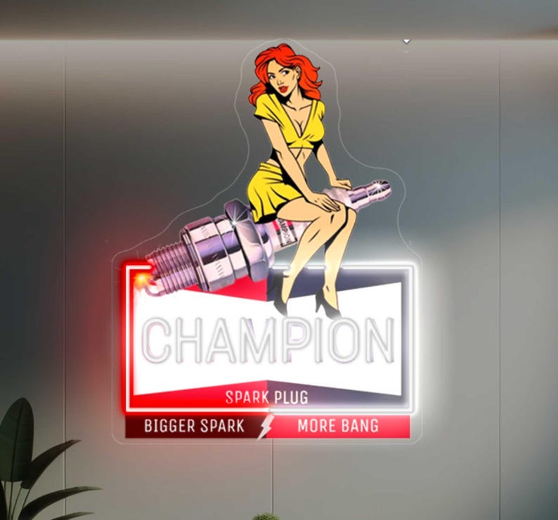 Champion Spark Plug Neon Sign, Girl on Plug, Dimmable (24x17 Inches) - Etsy