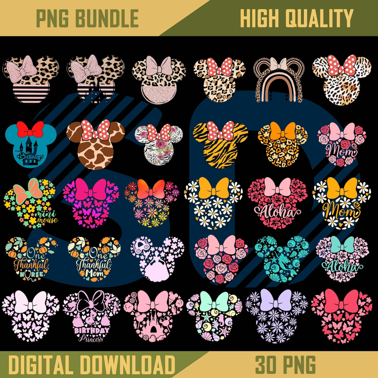 Disney Minnie Mouse Head PNG Bundle, Daisy Flowers PNG, Leopard Minnie ...