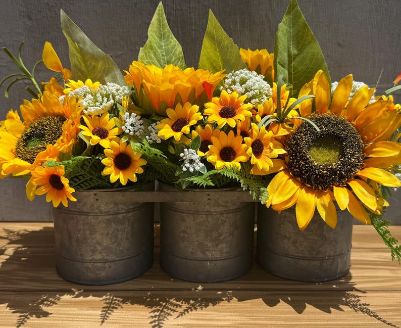 Artificial Sunflower Centerpiece in Rustic Trio Tin – “golden Harvest” – Faux Fall Floral ...