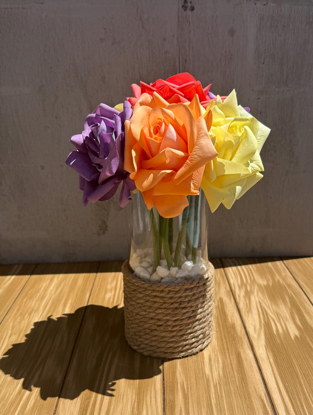 Colorful Artificial Rose Arrangement in Tall Glass Vase – ‘sunset Shore ...
