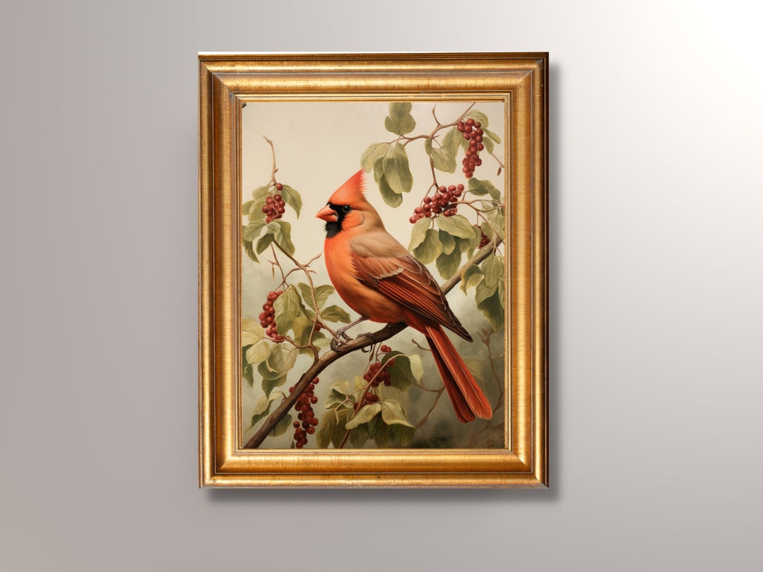 Antique Cardinal Oil Painting,vintage Cardinal Art Print, Antique Bird ...
