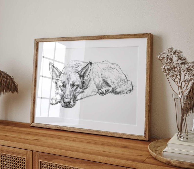 German Shepherd Sketch Art Print: Sleeping Dog Pencil Illustration - Etsy