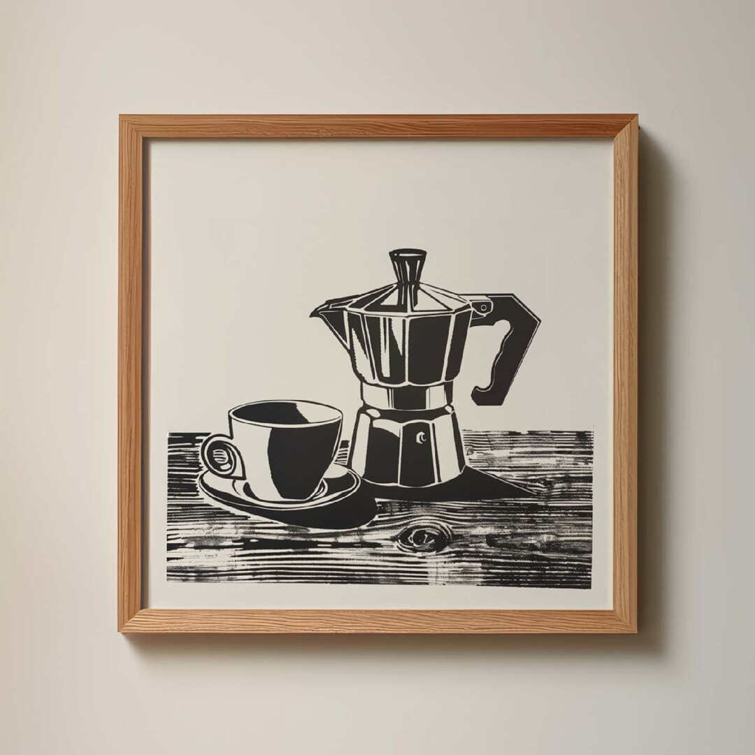 Moka Pot and Coffee Cup Art Print, Coffee Station Art, Stamp Style ...
