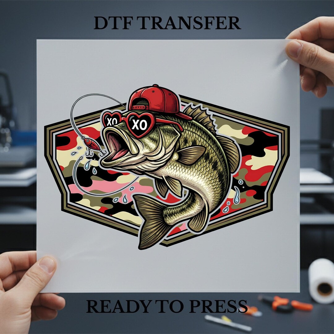 Valentine Bass Fish DTF Transfer, XO Heart Sunglasses Camo Fishing Iron ...