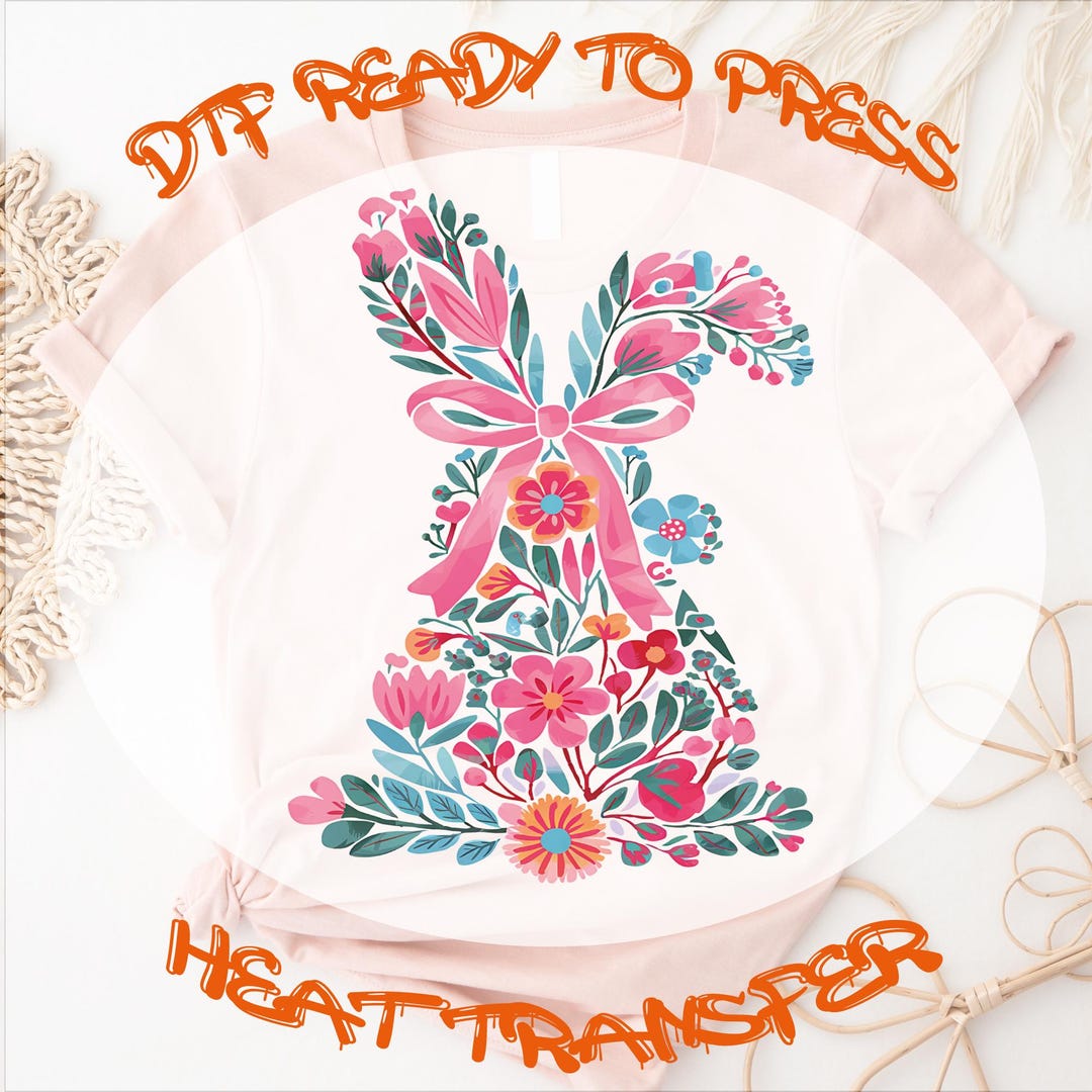 Floral Easter Bunny Dtf Transfer Ready for Press, Flower Easter Rabbit ...