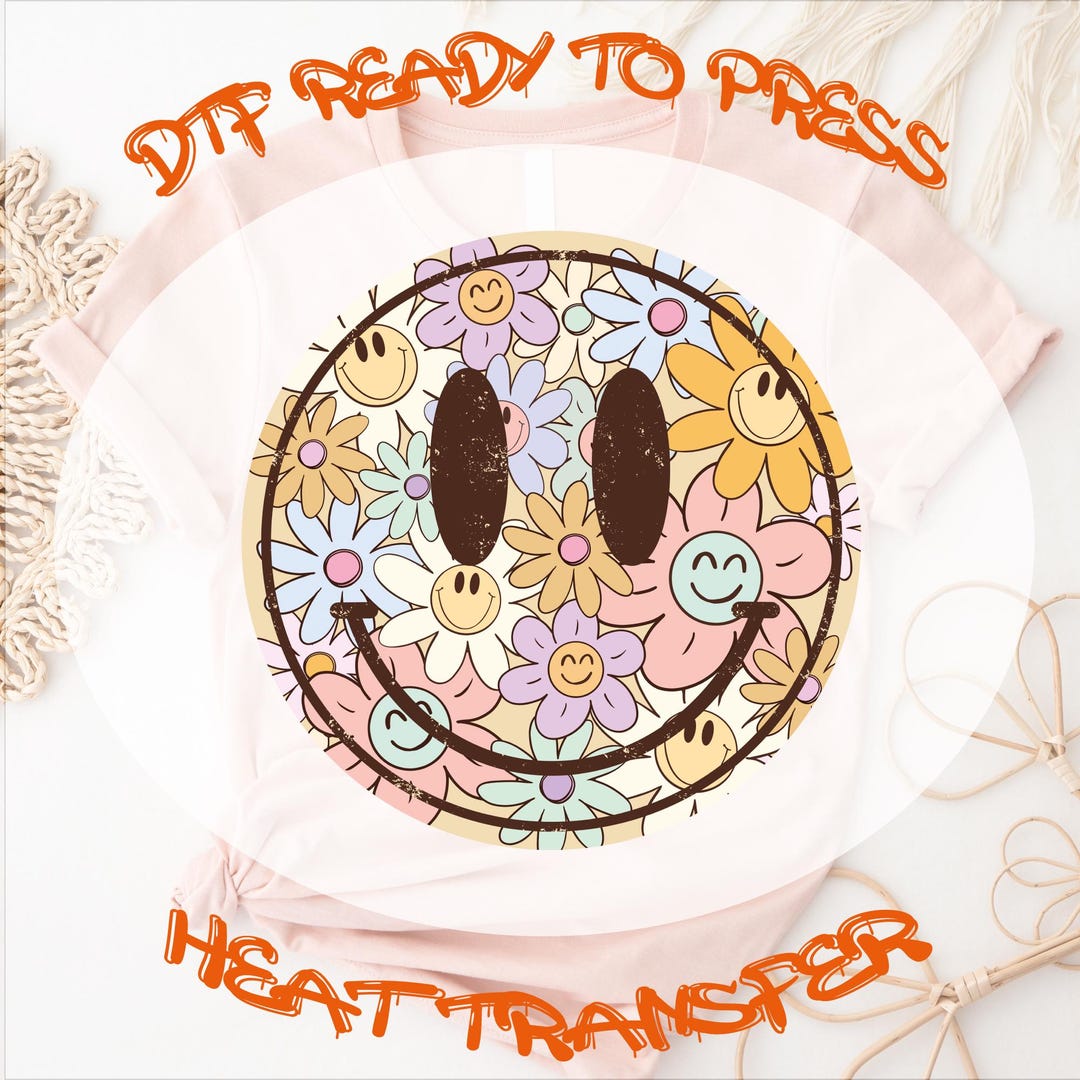 Retro Smiley Face DTF Transfer: Distressed Daisy Flower Design - Etsy