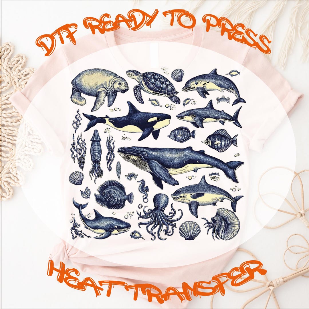Vintage See Animals DTF Transfers, Ocean Life Clip Graphic Tee, Vintage ...