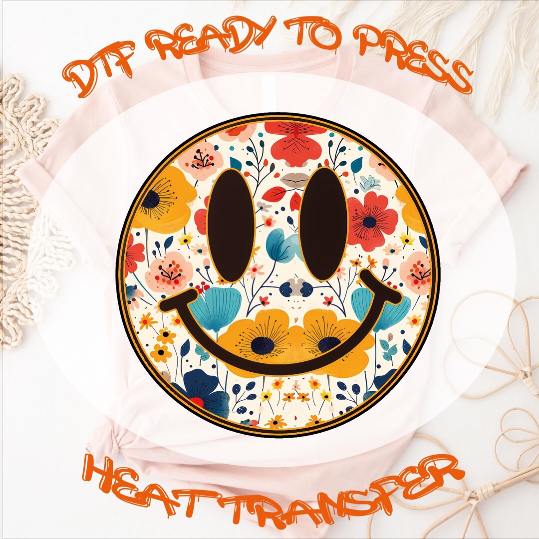 Distressed Smile Face DTF Transfer Ready for Press, Retro Flower Design ...