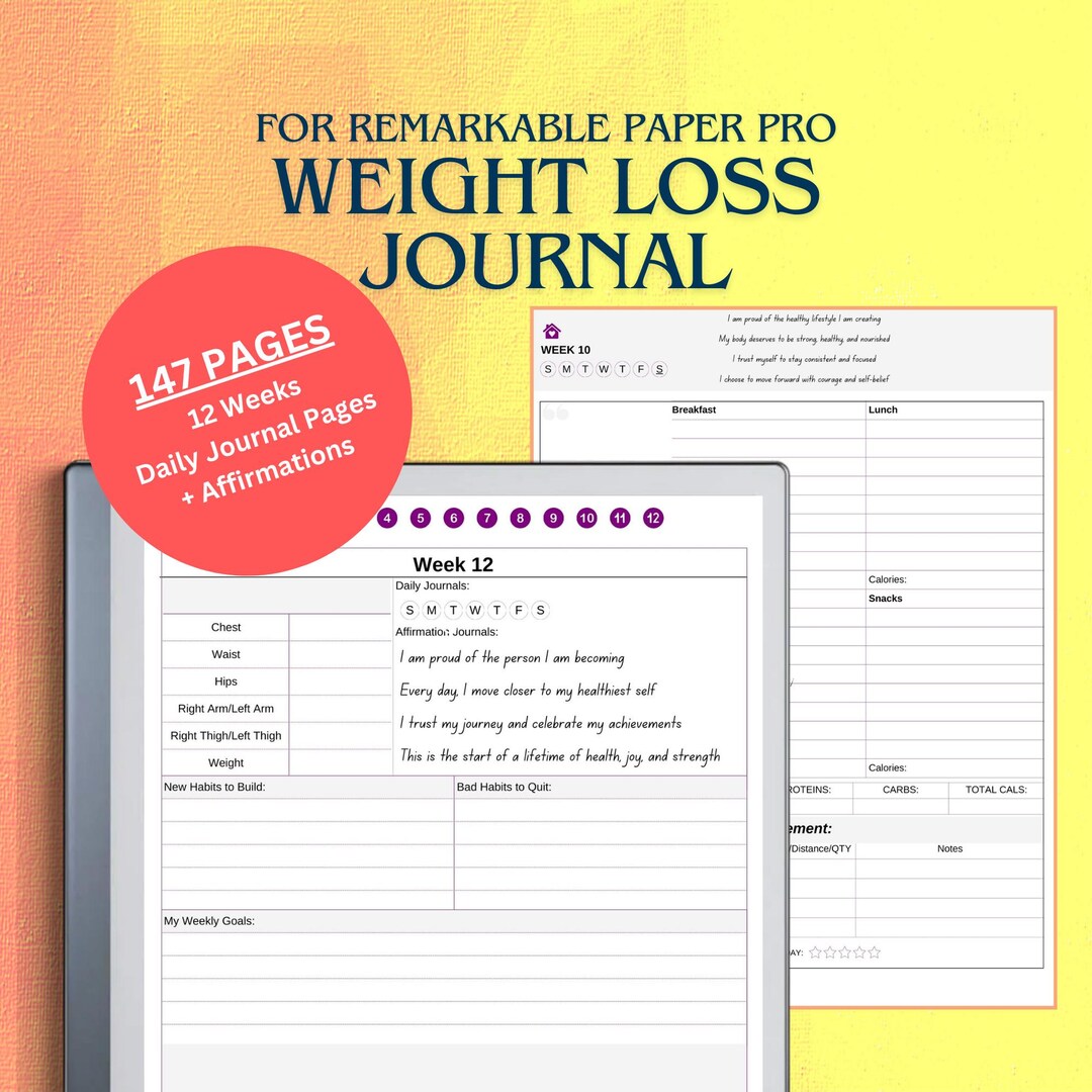 Weight Loss Tracker for Remarkable Paper Pro | 12 Week Daily Journal ...