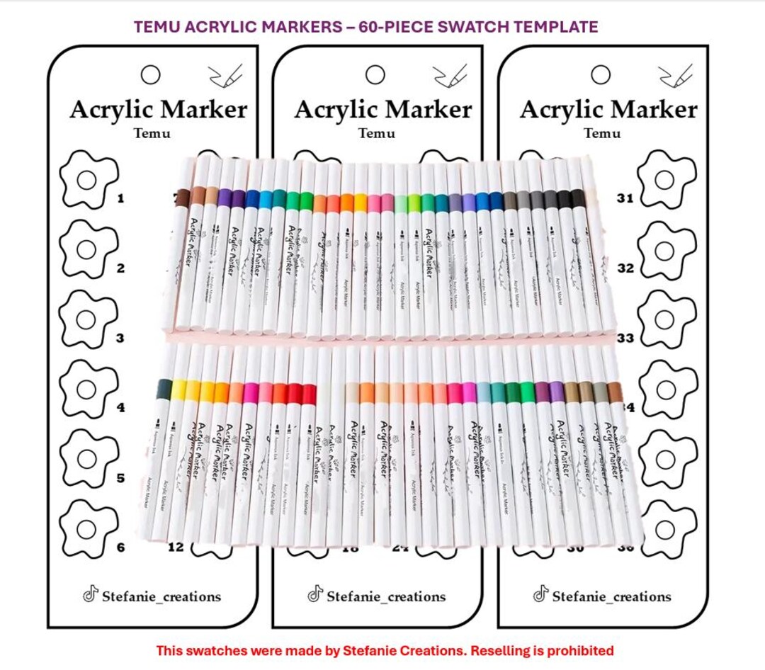 Digital PDF Temu - 60-piece Acrylic Markers Swatch Template | Single ...