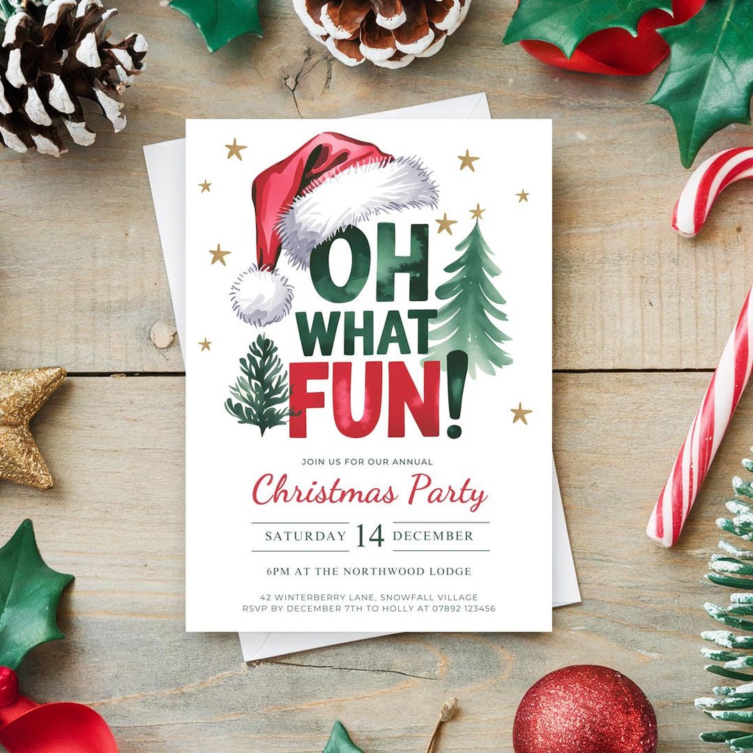 Oh What Fun! Christmas Party Invitation – Editable Santa Hat & Tree Design, Digital Download ...