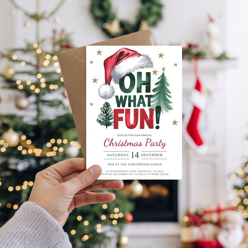 Oh What Fun! Christmas Party Invitation – Editable Santa Hat & Tree ...