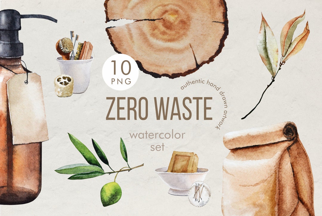 ZERO WASTE - Watercolor Clipart, PNG, Eco Bathroom, Soap, Green Planet ...