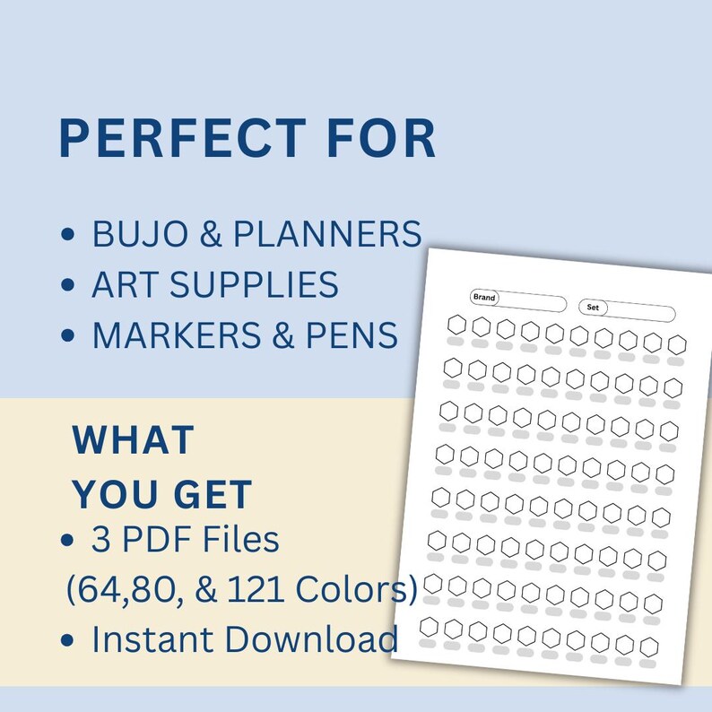 Color Swatch Chart Printable – 64, 80, 121 Color Hexagon Grid | Marker ...