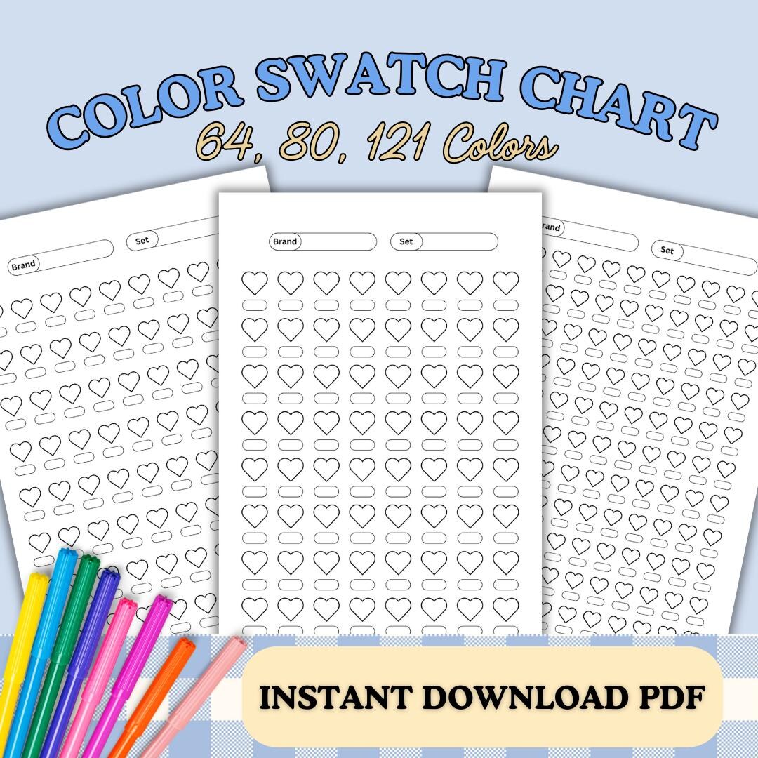 3 Printable Color Swatch Heart Shape Charts PDF |art Supply Organizer ...
