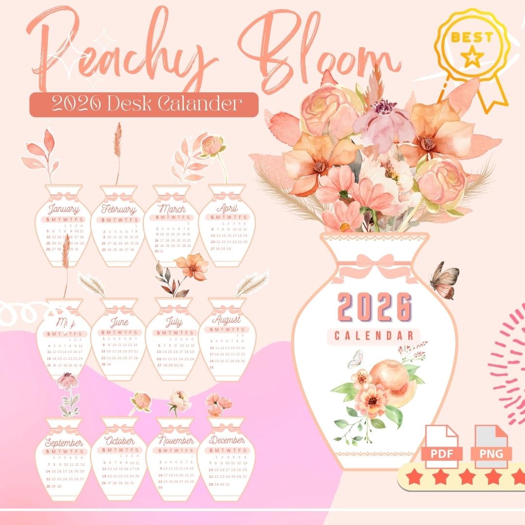 Printable Peachy Flower Calendar 2026 - Mini Desk Calendar 2026 - Etsy ...