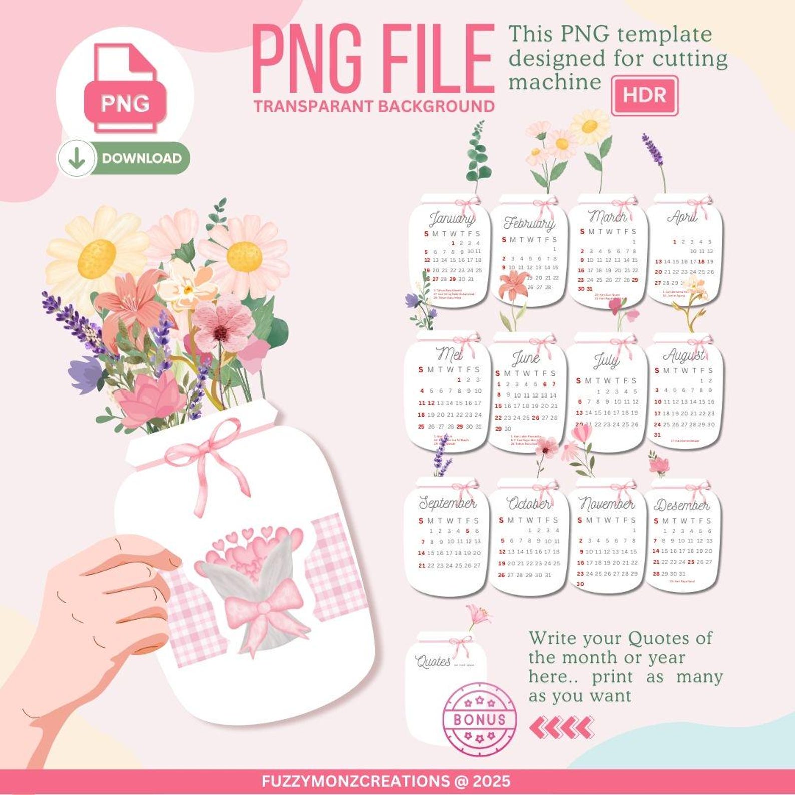 Printable Bloomy Flowers Desk Calendar 2025, PNG for Cutting Machine ...