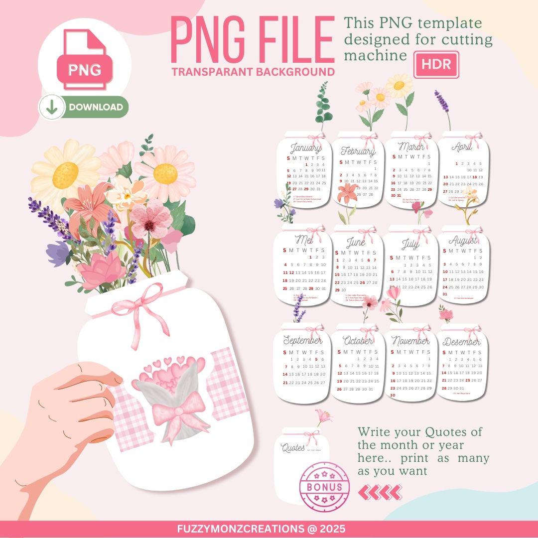 Printable Bloomy Flowers Desk Calendar 2025, PNG for Cutting Machine ...