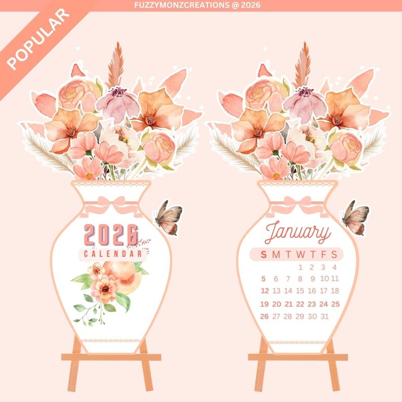 Printable Peachy Flower Calendar 2026 - Mini Desk Calendar 2026 - Etsy UK