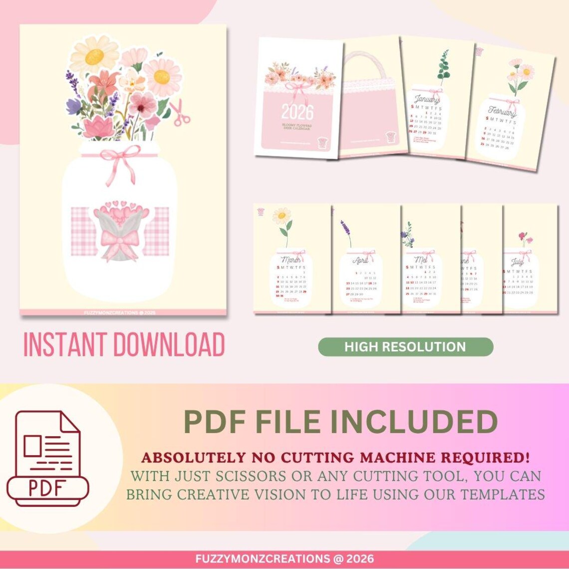 Printable Bloomy Flowers Desk Calendar 2026 - Etsy