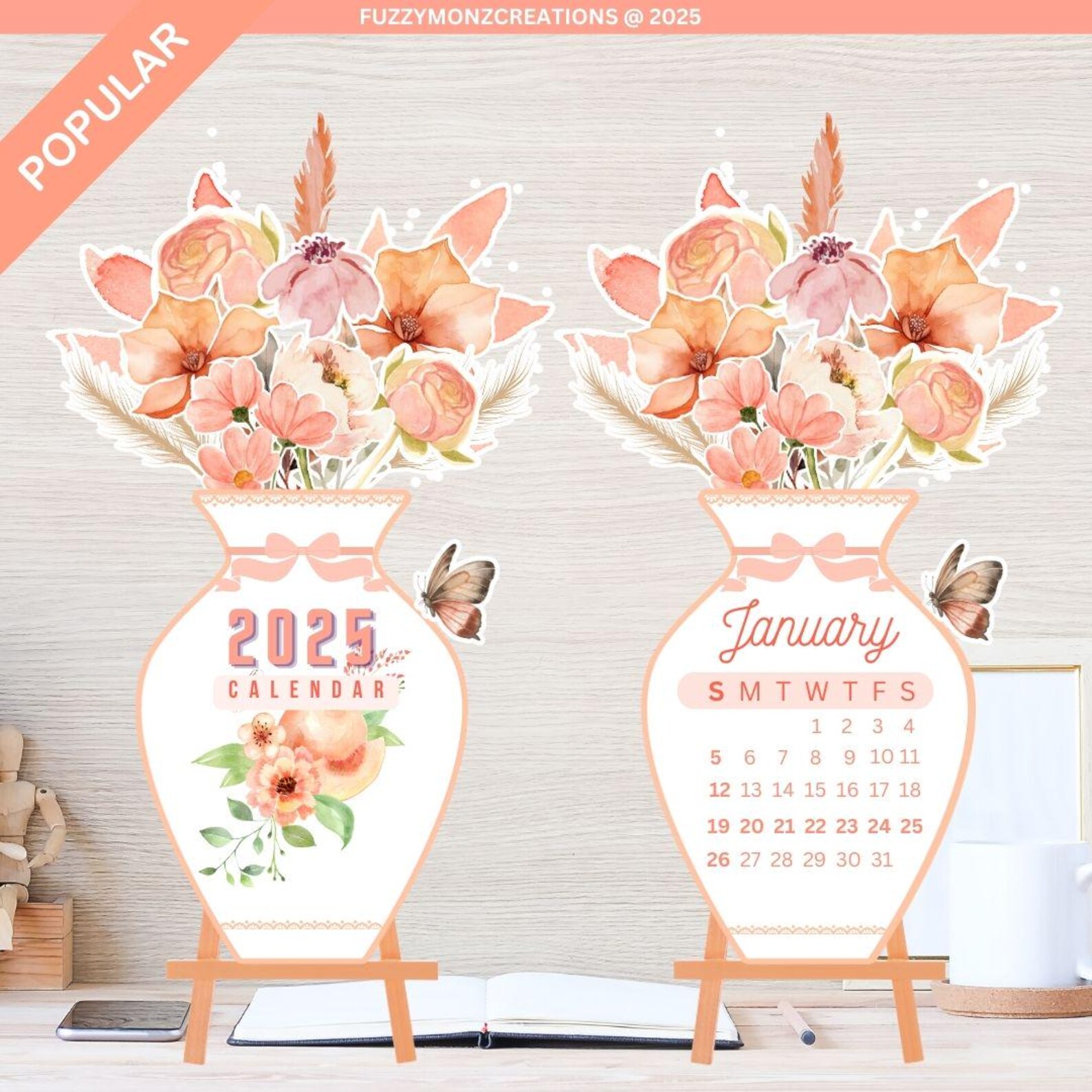 Printable Peachy Flower Calendar 2025 Mini Desk Calendar 2025 - Etsy