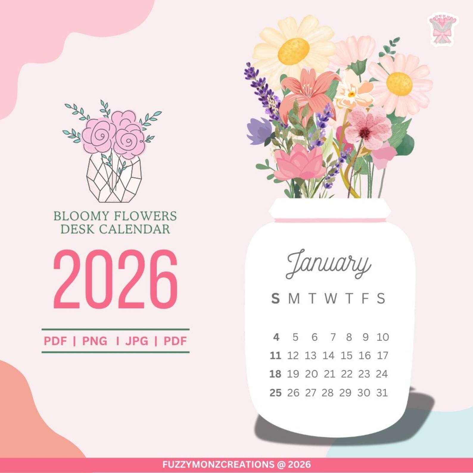 Printable Bloomy Flowers Desk Calendar 2026 - Etsy