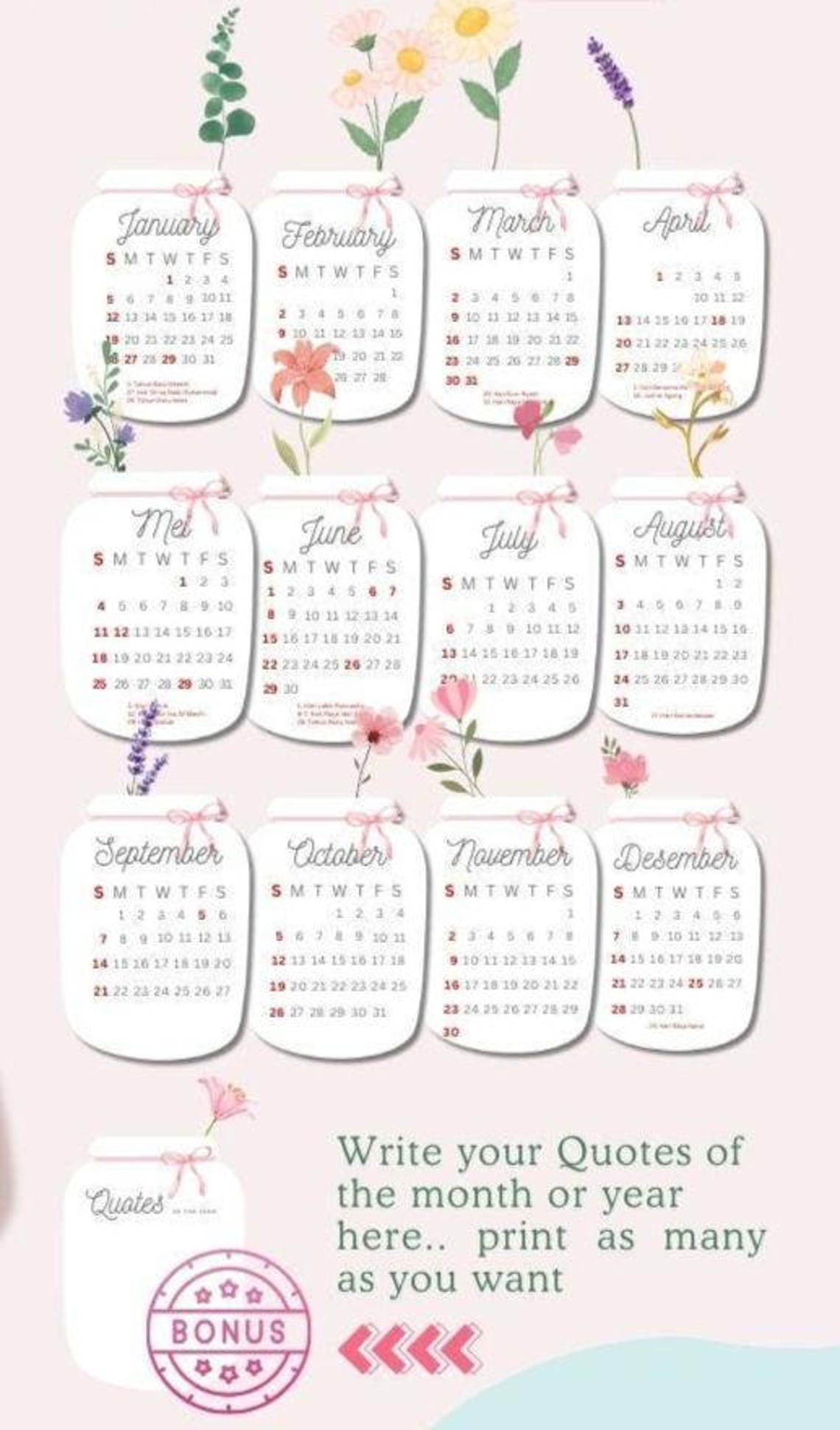 Printable Bloomy Flowers Desk Calendar 2025 - Etsy