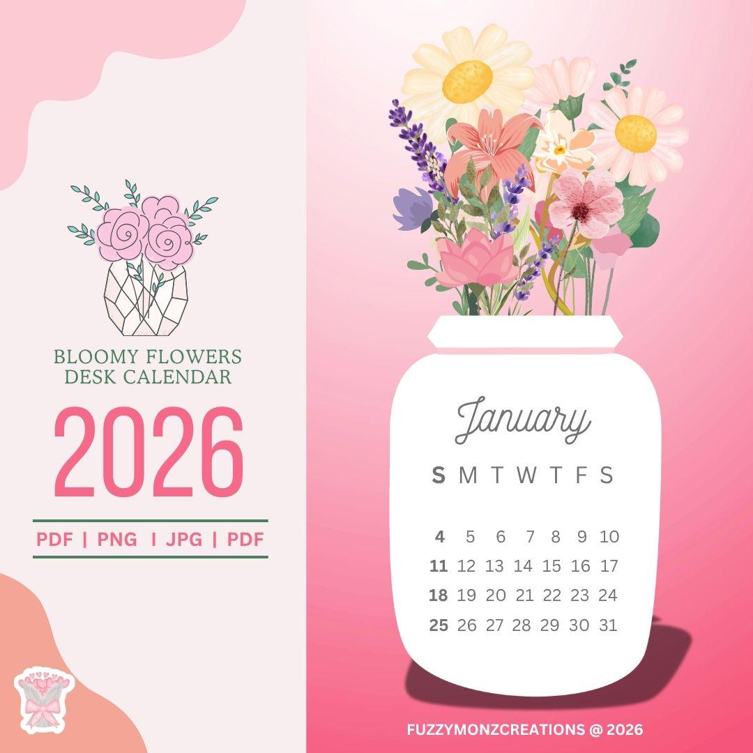 Printable Bloomy Flowers Desk Calendar 2026 - Etsy
