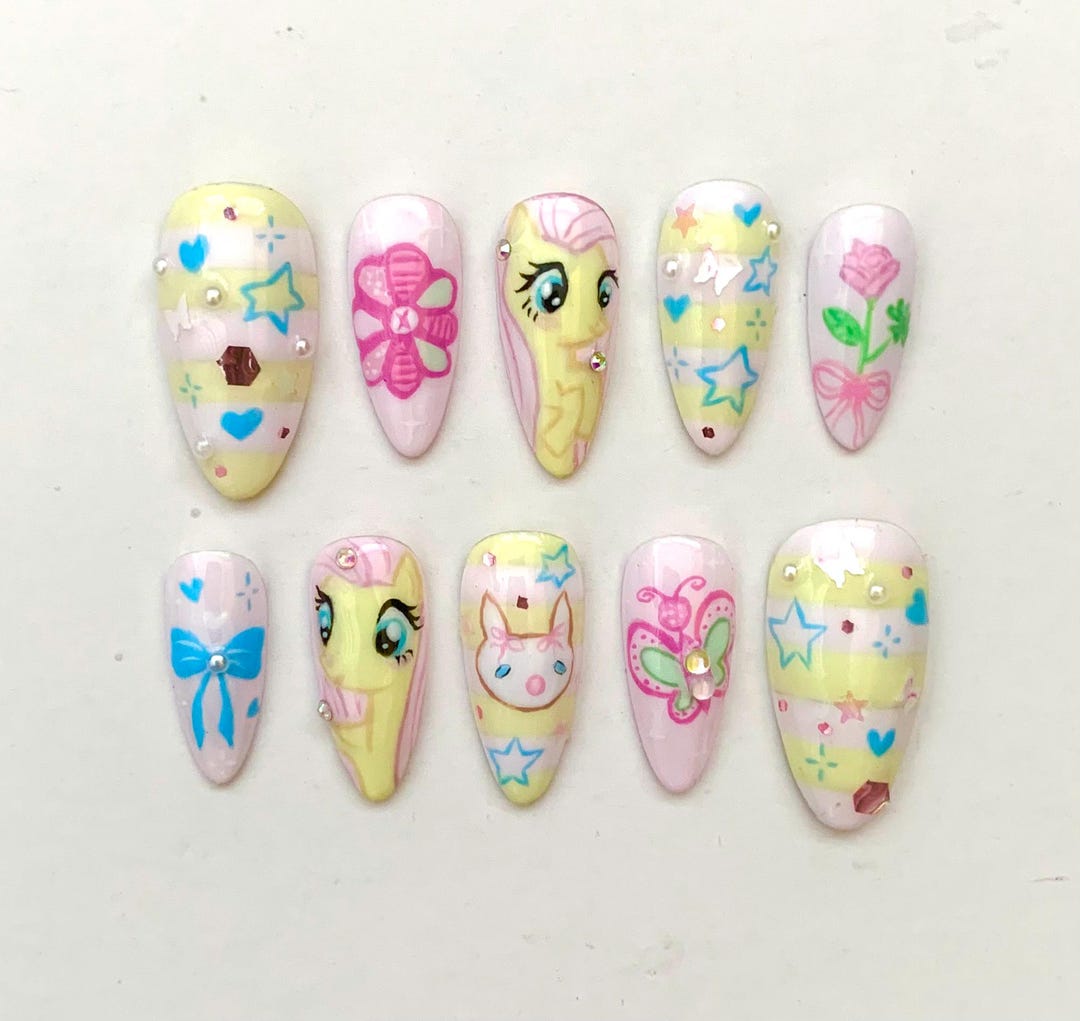Fluttershy Press-on Nails: Kawaii Y2K Rhinestone Stiletto Set - Etsy