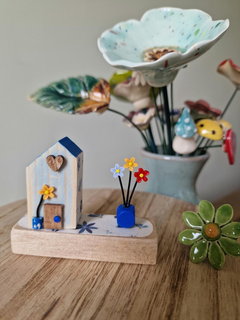 Wooden House on a Plinth With Mini Vase of Flowers Fairy Fantasy House ...