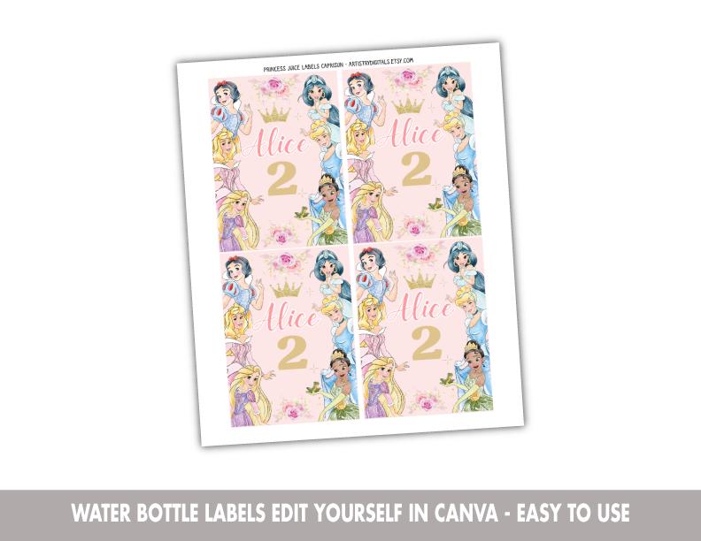 PRINCESS Juice Labels CANVA Template, Princess Party, Digital, Instant ...