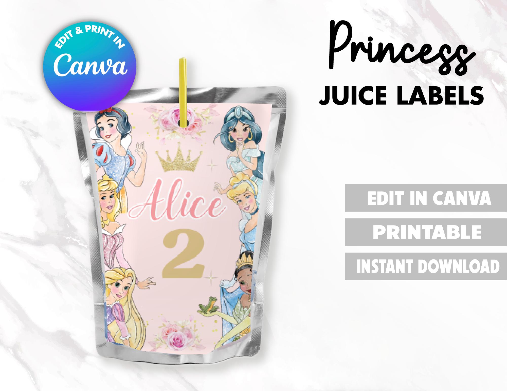 PRINCESS Juice Labels CANVA Template, Princess Party, Digital, Instant ...