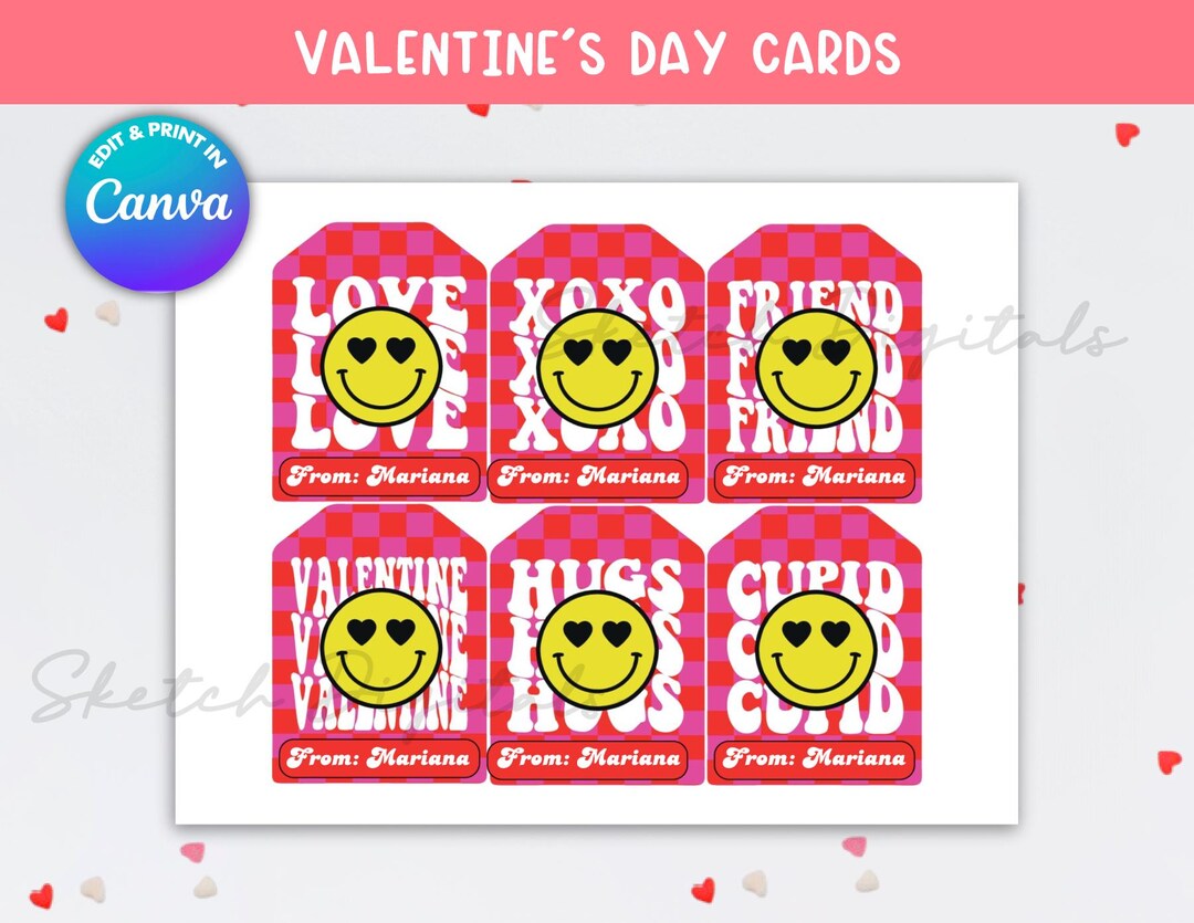 SMILEY FACE Valentine's Day Cards School Valentines Template, Edit ...