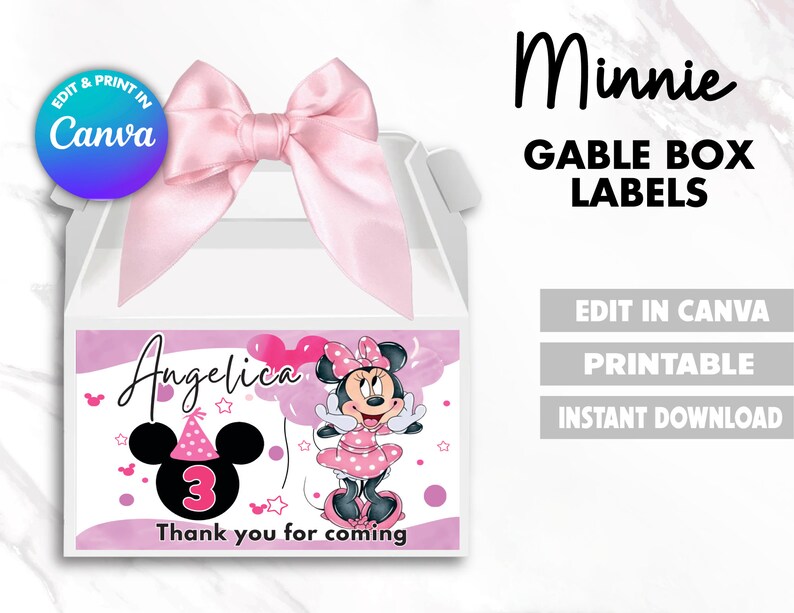 MINNIE Gable box Labels CANVA Template, Minnie party, Digital, Instant ...