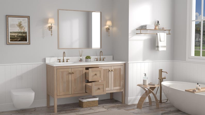 60 Inch Modern Light Oak Sera Double Sink Bathroom Vanity With White ...
