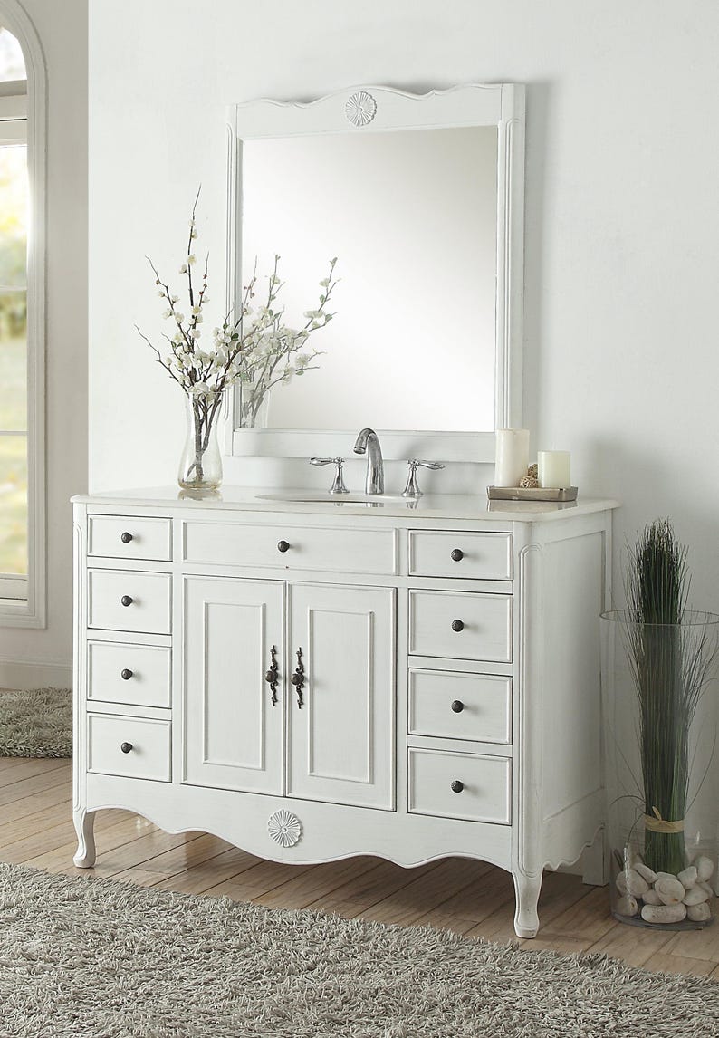 46 Inch Distressed Antique White Cottage Style Fayetteville Bathroom ...