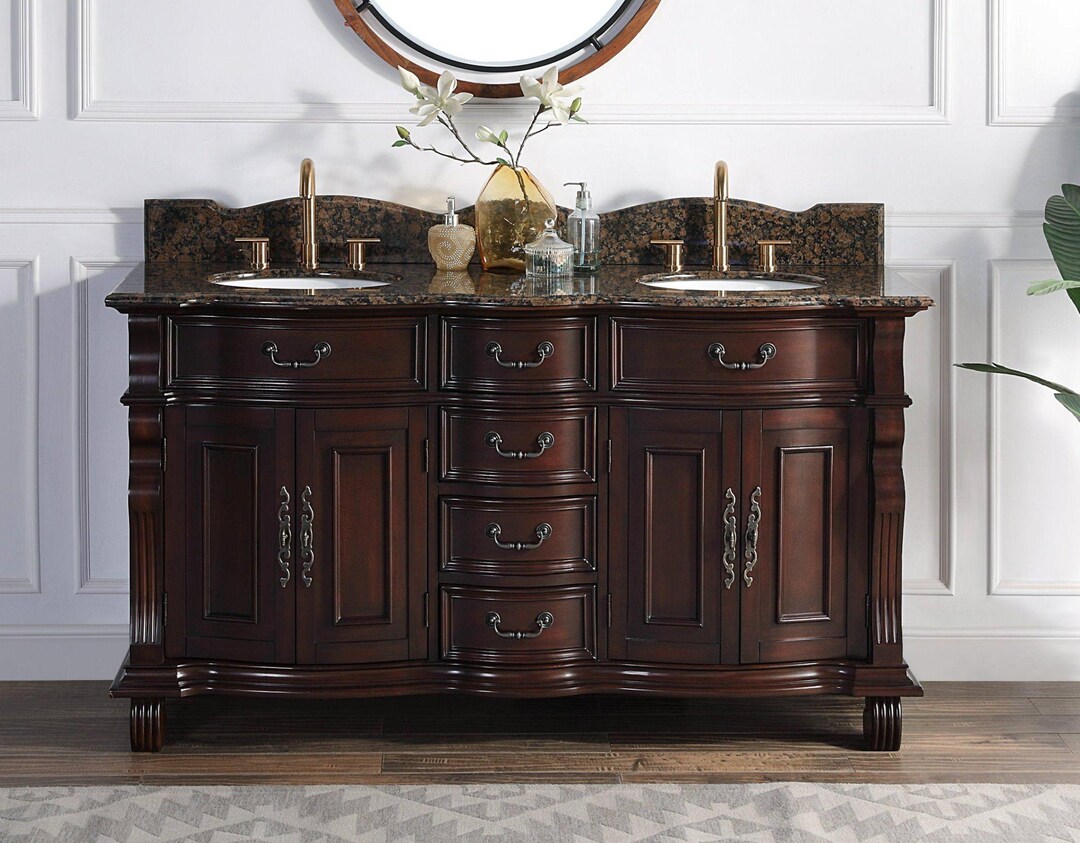 64 Inch Traditional Style Cherry Wood Hopkinton Double Sink Bathroom ...
